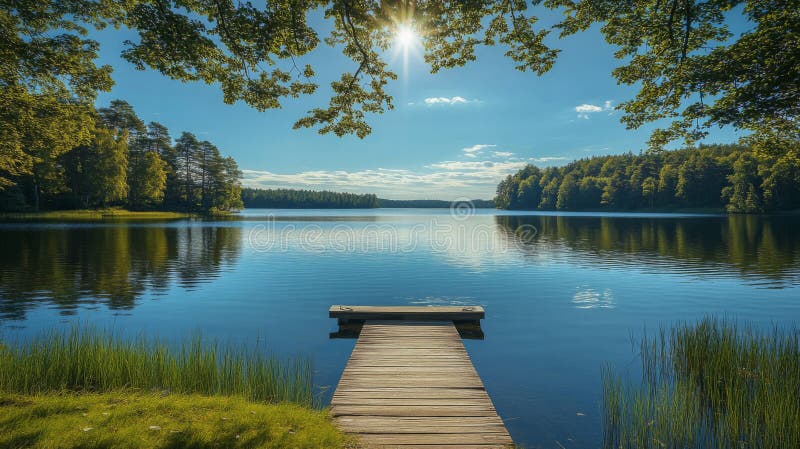 Serene Summer Lake View with Wooden Dock Stock Illustration ...