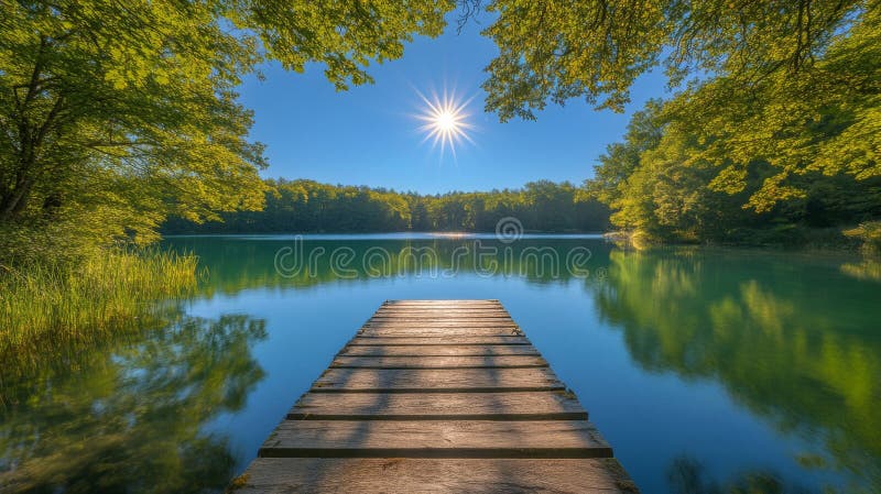 Serene Summer Lake with Wooden Dock and Bright Sunlight Stock ...