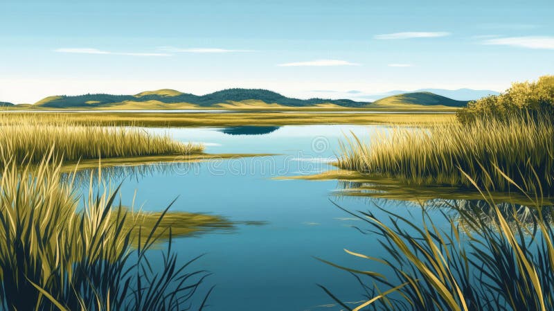 Serene Summer Marsh Landscape with Blue Water and Golden Grass Stock ...