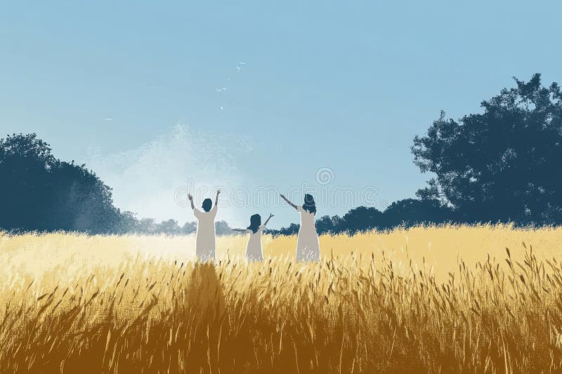 Serene Summer Morning in a Wheatfield with Three Figures Embracing ...
