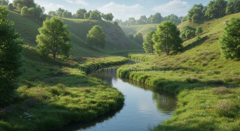 Serene Summer River Landscape with Lush Green Meadows Stock ...