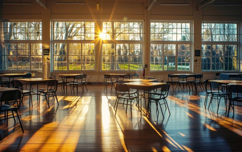 A Serene and Sun-drenched Classroom Interior, Filled with Rows of Desks ...