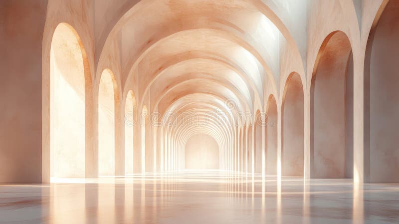 Serene Sunlit Architectural Hallway with Repeating Arches and Columns ...