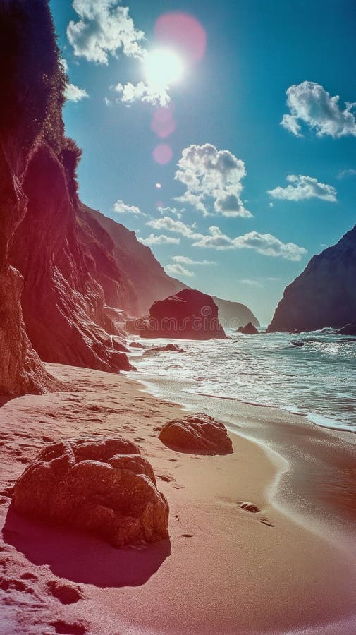 Serene Sunlit Beach Cliffs Waves Under Bright Blue Sky Stock Photos ...