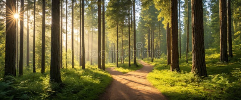 Serene Sunlit Forest Pathway with Tall Trees and Morning Light Rays ...