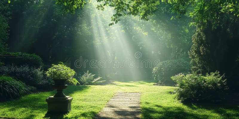 Serene Sunlit Garden Pathway Surrounded by Lush Greenery Stock ...