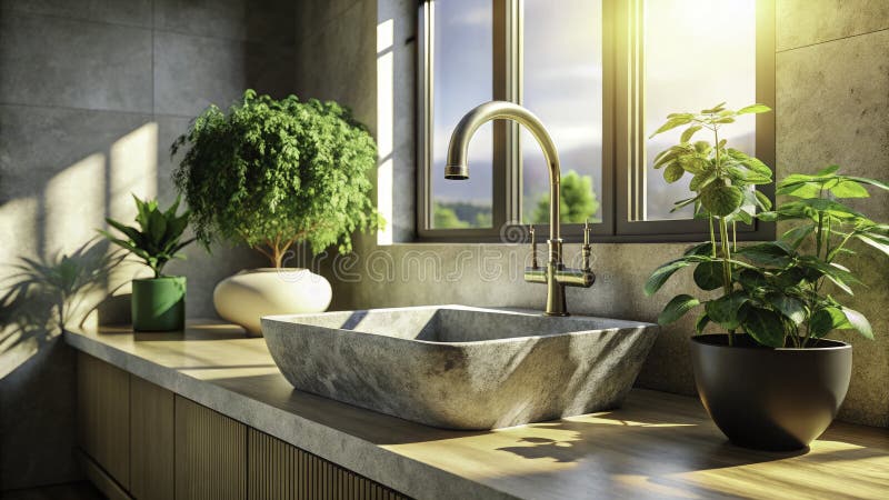 A Serene Sunlit Minimalist Kitchen Stone Basin Greenery and Modern ...