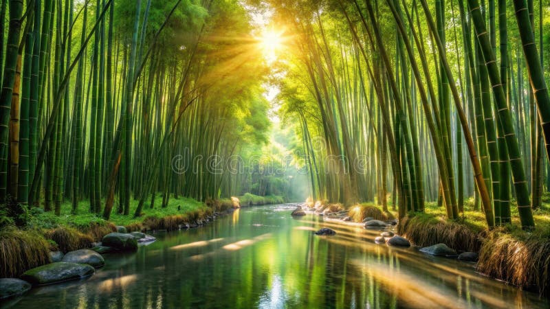 Serene Sunlit Stream Flowing through Lush Bamboo Forest. Generative AI Stock Illustration ...