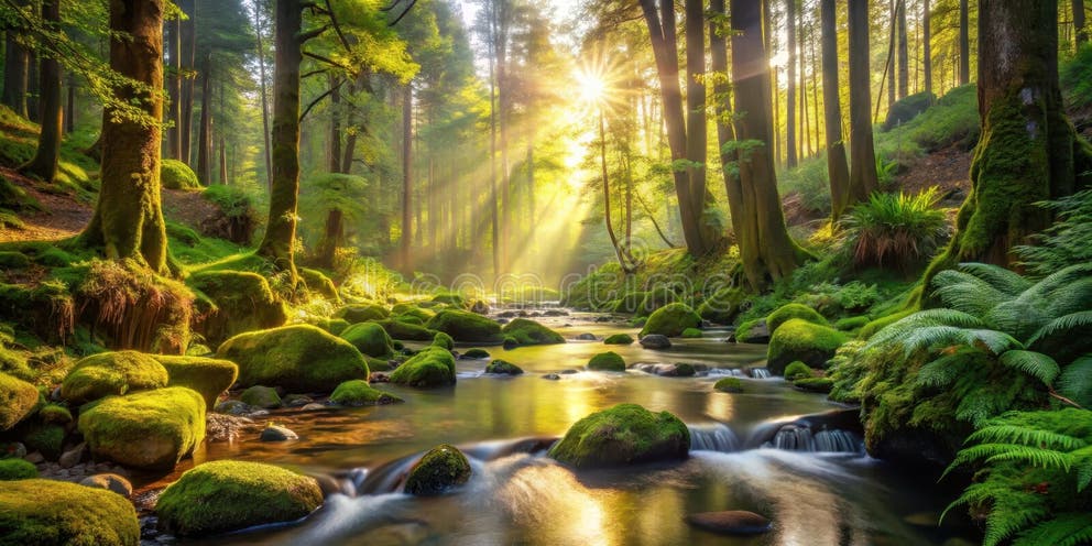 Serene Sunlit Stream Flowing through a Mossy Forest. Generative AI Stock Illustration ...