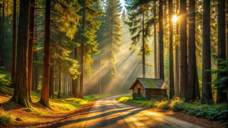 Serene Sunrise Illuminates Forest Path and Rustic Cabin. Generative AI ...