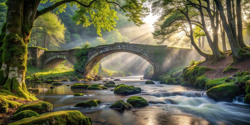 Serene Sunrise Illuminating Ancient Stone Bridge Spanning a Moss ...