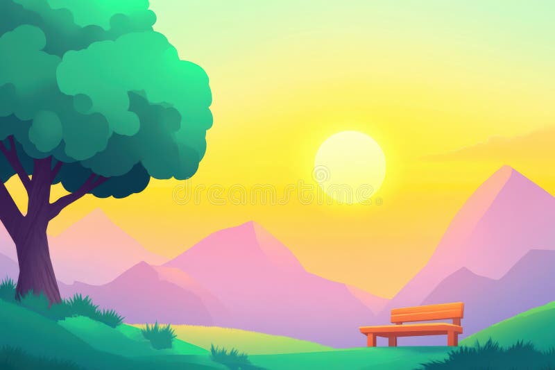 Serene Sunrise Landscape with Tree and Bench in Pastel Colors Stock ...