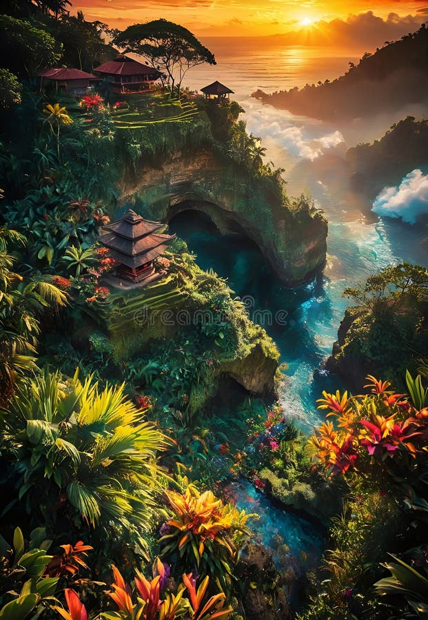 A Serene Sunrise Over a Bali Temple, with a Cascading Waterfall and ...