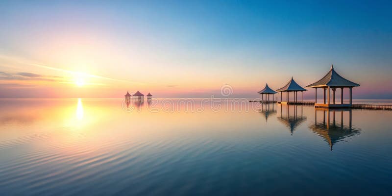 Serene Sunrise Over Calm Water with Tranquil Gazebos. Generative AI ...