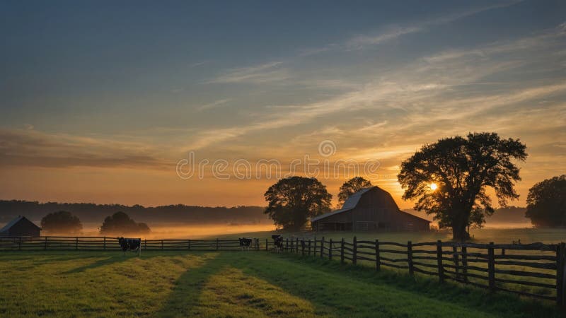 Serene Sunrise Over Misty Farmland with Cows and Rustic Barn Stock ...