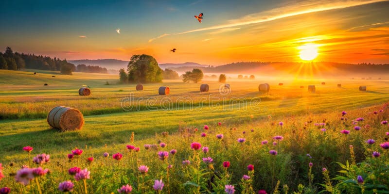 Serene Sunrise Over a Hayfield with Wildflowers and Birds in Flight ...