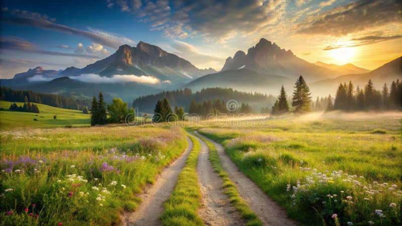 Serene Sunrise Over Misty Mountain Meadow with Winding Path. Generative ...