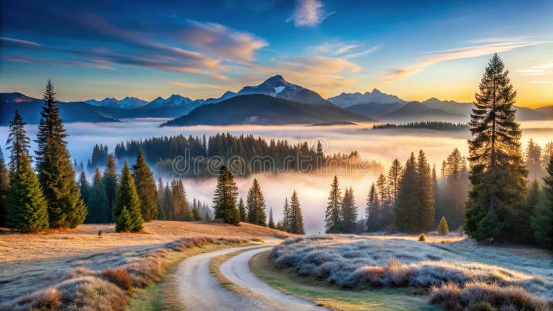 Serene Sunrise Over Misty Mountain Valley with Winding Path. Generative ...