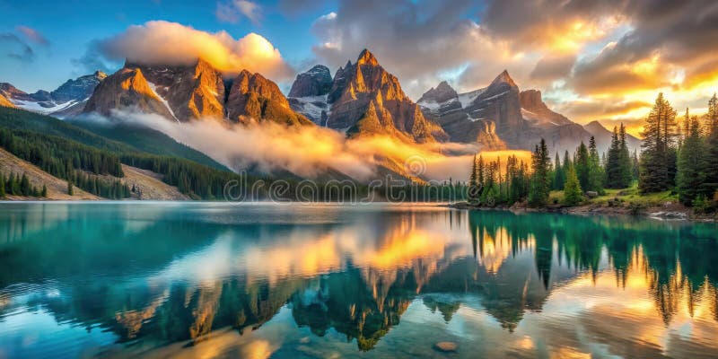 Serene Sunrise Over a Mountain Lake with Perfect Reflection. Generative ...