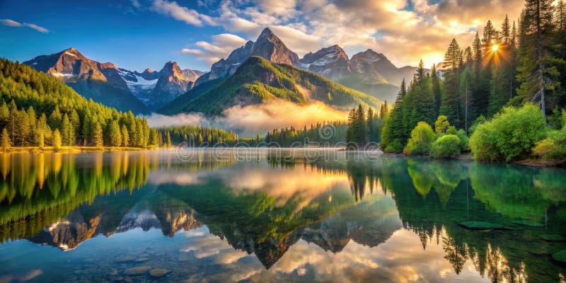 Serene Sunrise Over a Mountain Lake with Pristine Reflections. Generative AI Stock Illustration ...