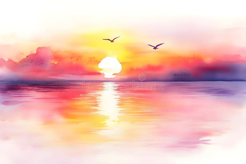 Serene Sunrise Over Water with Reflective Waves and Birds Flying Stock ...