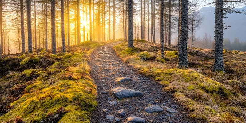 Serene Sunrise Path Golden Light Illuminates Mossy Forest Trail Stock ...