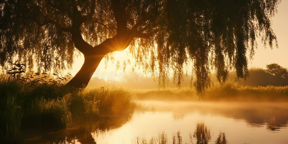 Serene Sunrise Weeping Willow Tree Over Misty River at Dawn Stock ...
