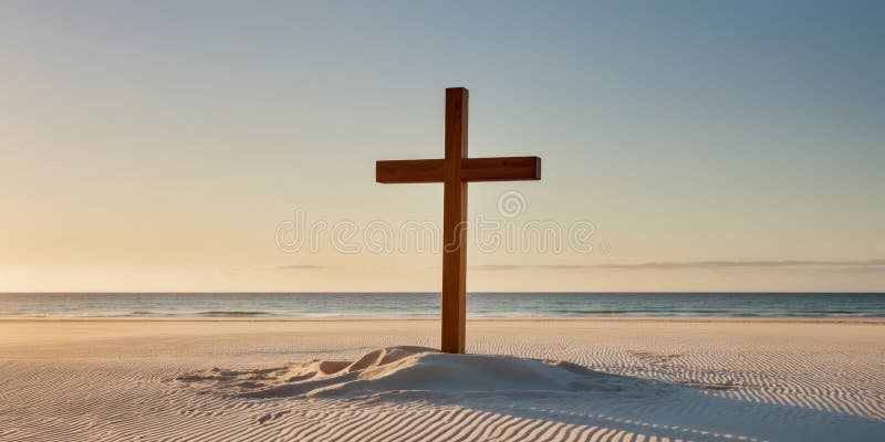 Serene Sunrise with Wooden Cross on Beach Sand. Stock Image - Image of ...