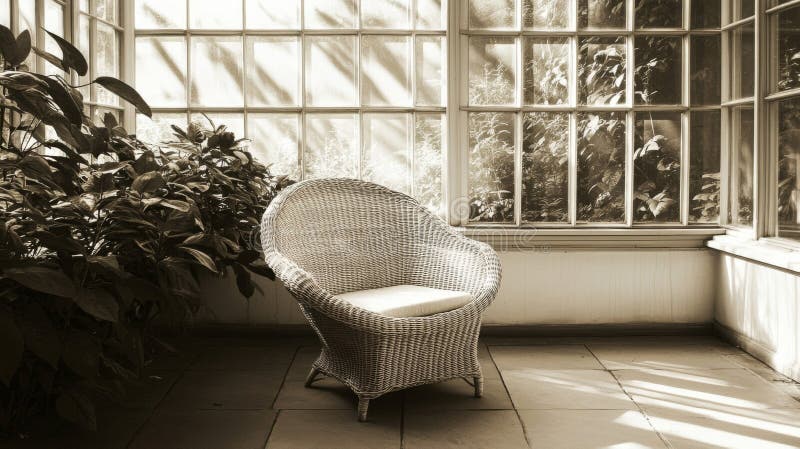 Serene Sunroom with Wicker Chair and Sunlight Streaming through Windows ...