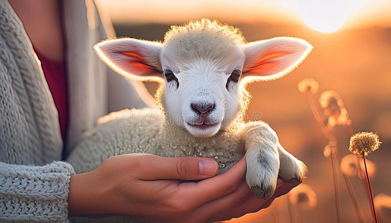 A Serene Sunset Bathes a Lamb Cradled in Human Hands. Generative AI ...