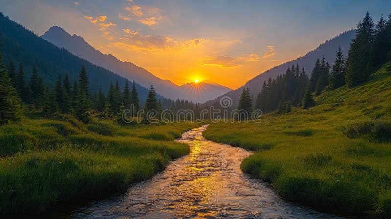 A Serene Sunset Bathes a Mountainous Landscape, with a Flowing Stream ...