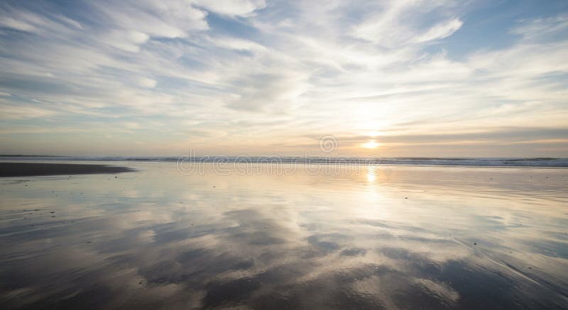 Serene Sunset Beach Scene with Ocean Reflections Stock Illustration - Illustration of beautiful ...