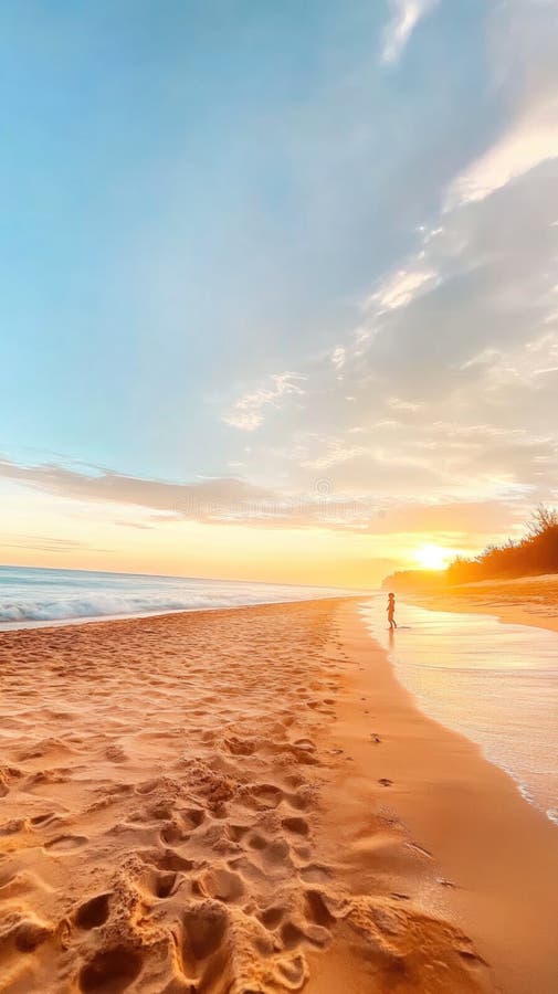 Serene Sunset Beach Scene with Person Walking on Sandy Shoreline Stock ...