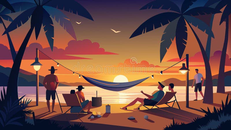 Serene Sunset Beach Scene with Relaxing Friends Stock Photo ...