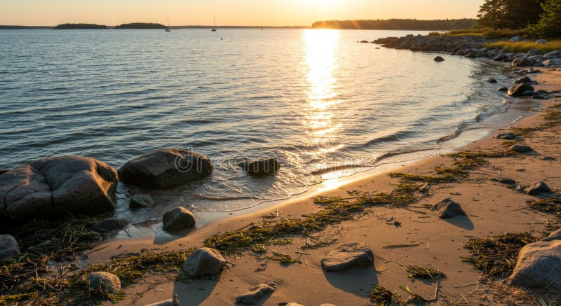 Serene Sunset Beach Scene with Rocks and Golden Light Stock ...