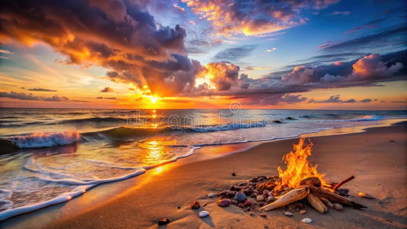 Serene Sunset Beachscape Waves Gently Lap the Shore, Embracing a Cozy ...
