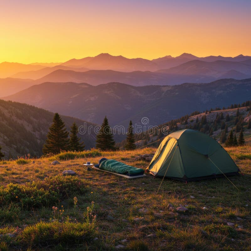 Serene Sunset Camping Scene in Mountain Range Stock Illustration ...