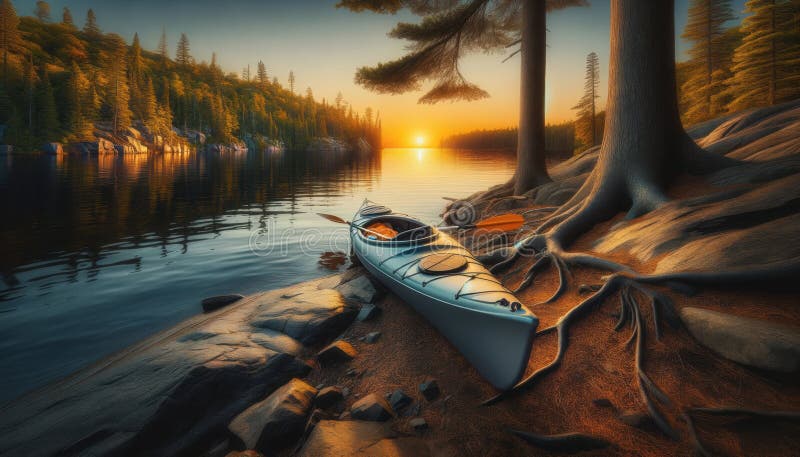 Serene Sunset with Canoe by the Lake Stock Image - Image of travel ...