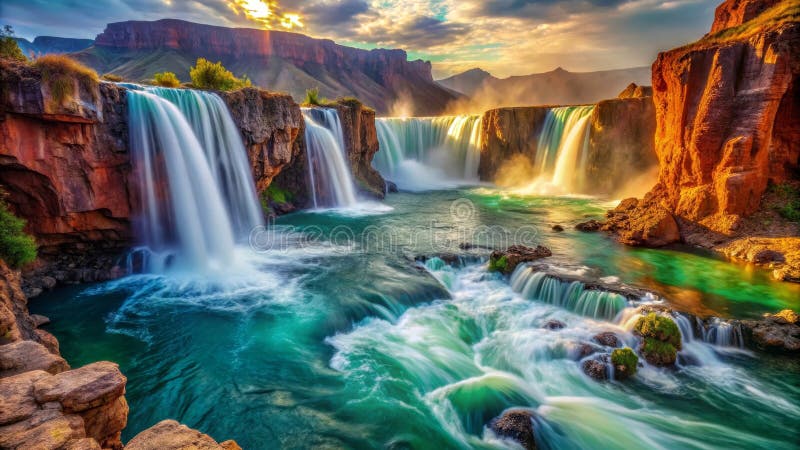 Serene Sunset Cascading Waterfalls Over Vibrant Emerald Pools ...