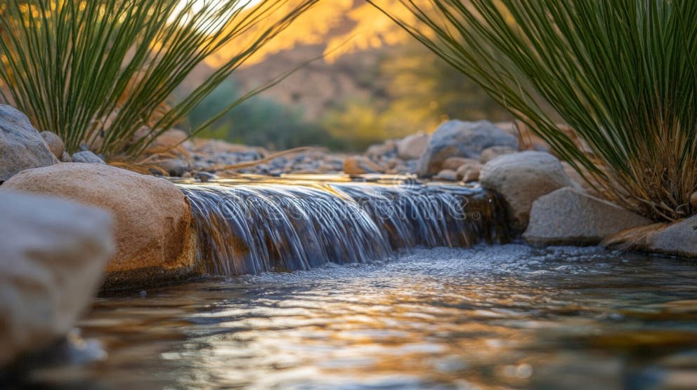 Serene Sunset Creek Flows Over Smooth Rocks Stock Illustration ...