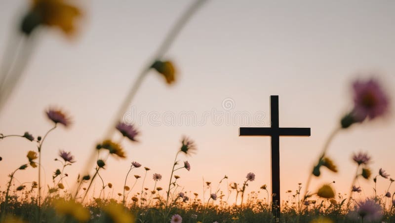 Serene Sunset with Cross Silhouette and Wildflowers. Stock Photo ...