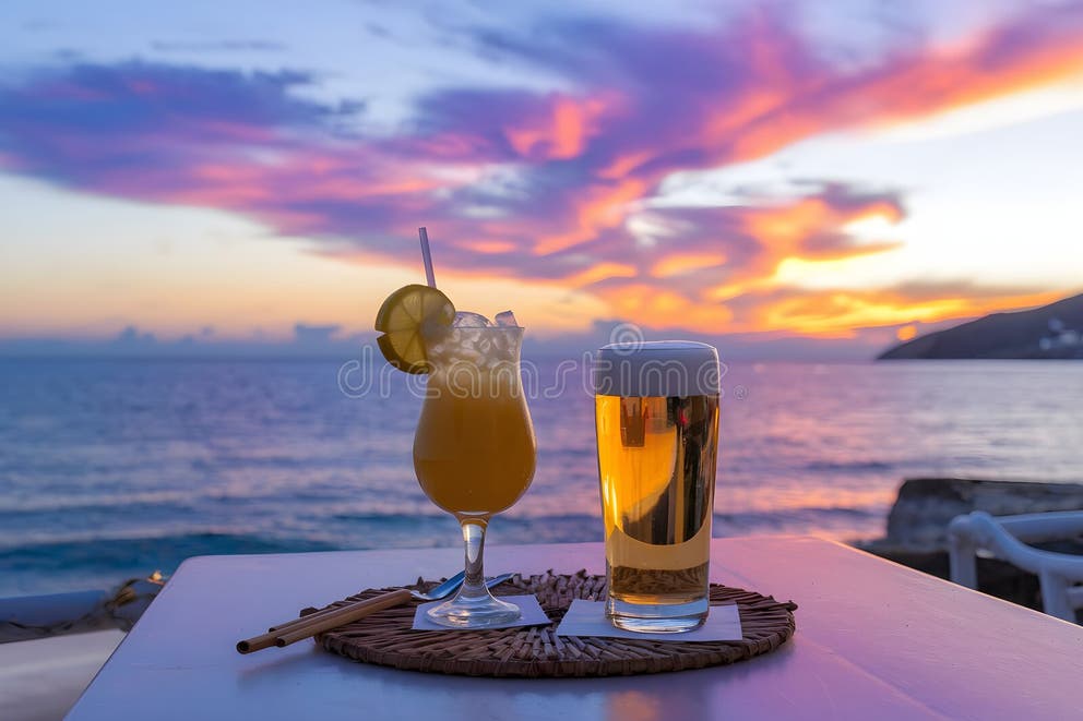 Serene Sunset Drinks at a Coastal Table Setting Stock Illustration ...