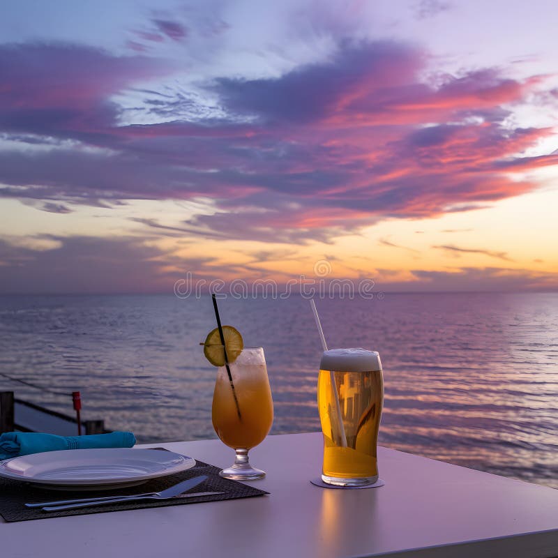 Serene Sunset Drinks at a Coastal Table Setting Stock Illustration ...