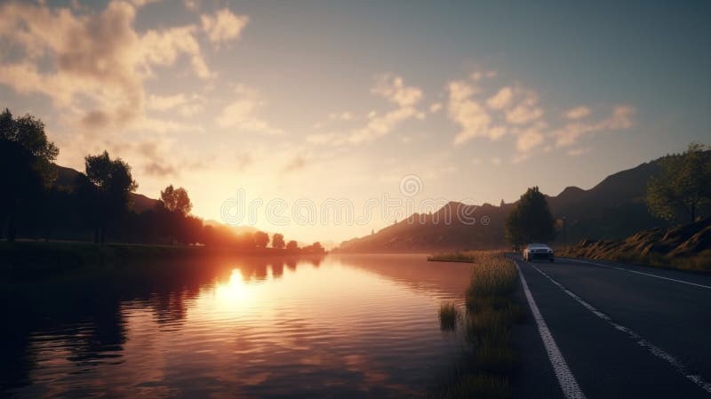 Serene Sunset Drive by the Lake Stock Illustration - Illustration of ...