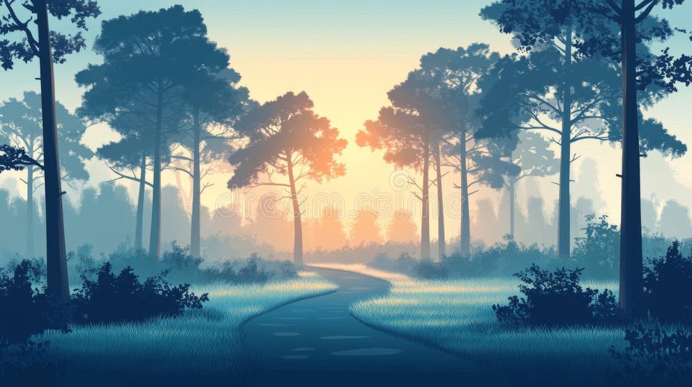 Serene Sunset Forest Path stock illustration. Illustration of morning ...