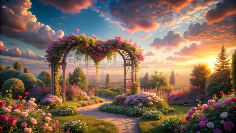 Serene Sunset Garden Path with Blooming Rose Archway. Generative AI ...
