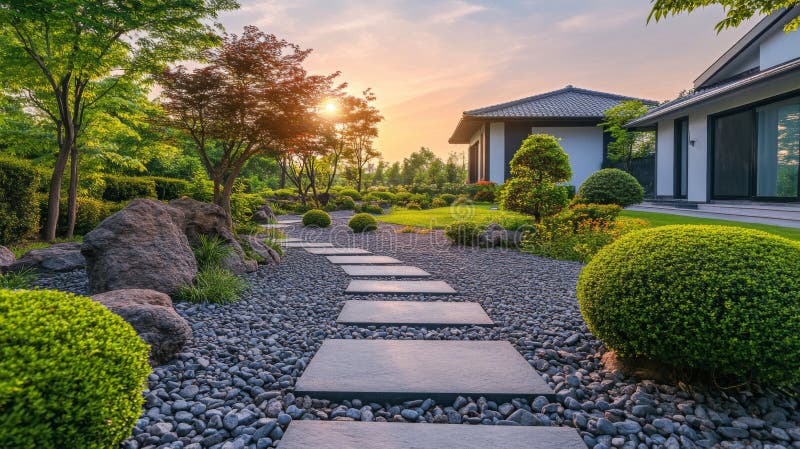 Serene Sunset Garden Path with Modern House Stock Illustration ...