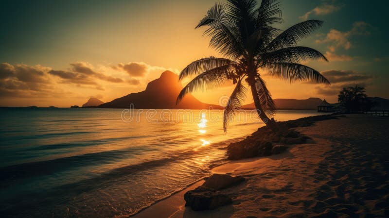 Serene Sunset Golden Hour at Tropical Beach Stock Illustration ...