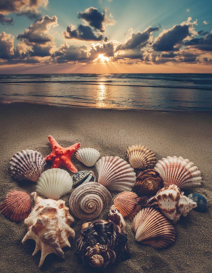 A Serene Sunset Graces the Beach, Shells, and Starfish Stock ...