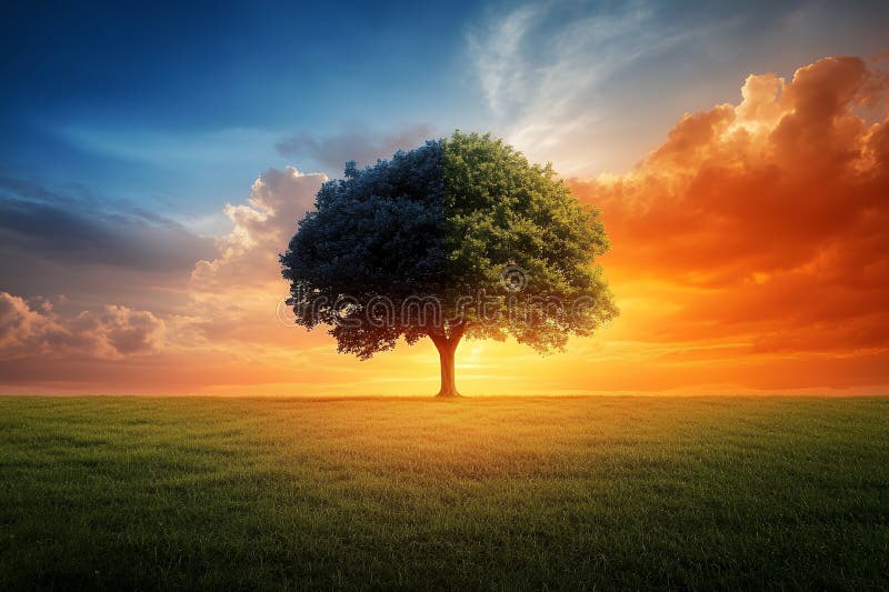 Serene Sunset Half Dark Half Light Tree in Field Stock Illustration ...